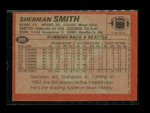 Vintage 1983 TOPPS Football Trading Card #391 SHERMAN SMITH Seattle ...