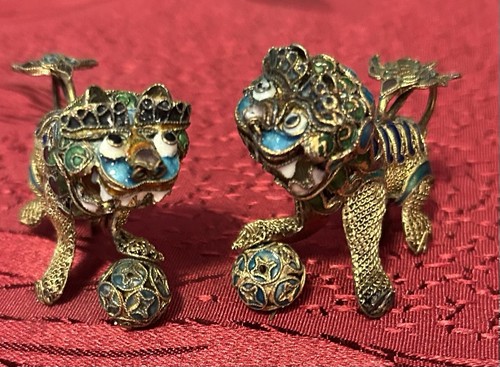 Antique Chinese Miniature Brass Mesh Enameled Pair Cloisonné Foo Dog ...
