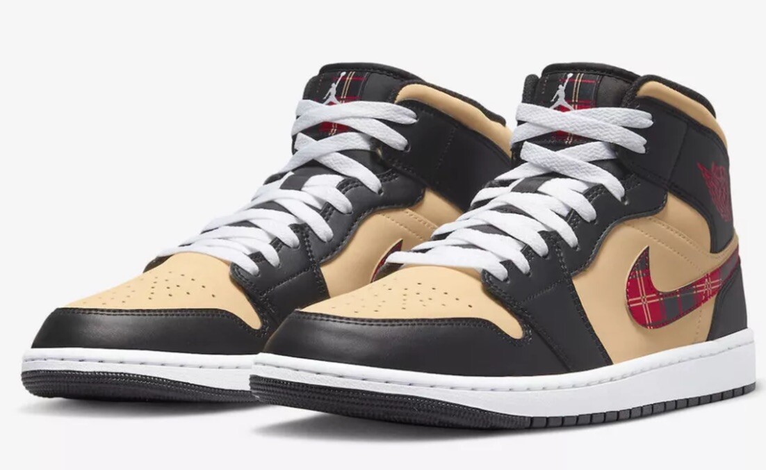 New Nike Air Jordan 1 Mid SE Shoes Tartan Swoosh Black Tan New Nike Air Jordan 1 Mid SE Shoes Tartan Swoosh Black Tan