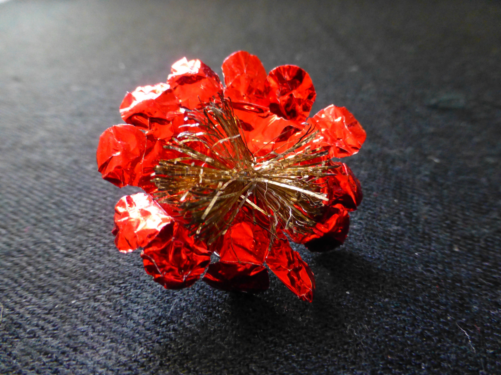 Antique Red Tinfoil Flower Gold Tinsel Wire Christmas Ornament, Mid ...