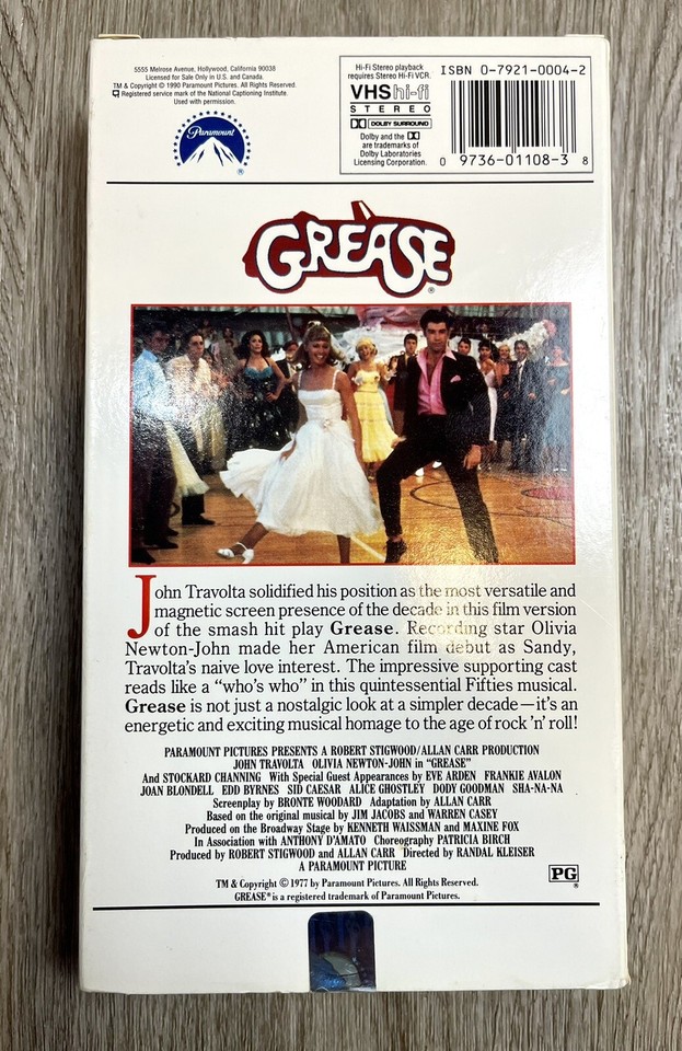 Grease VHS 1977 VCR Video Tape Movie John Travolta Olivia Newton-John ...