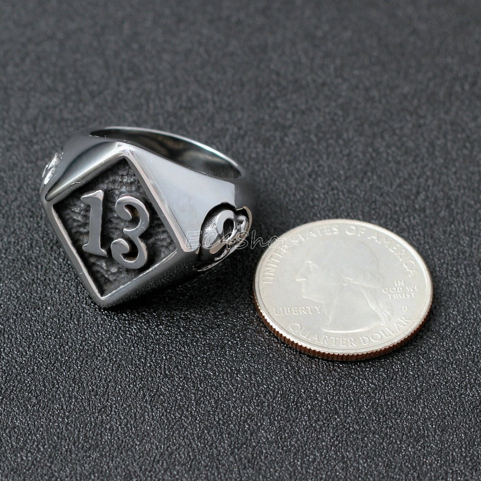 Men's Lucky Angel Number Numeral 13 Stainless Steel Skull Biker Ring ...