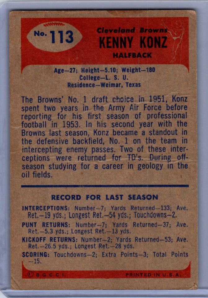 1955 BOWMAN KEN KONZ CLEVELAND BROWNS #113 1951 Browns #1 Choice | eBay