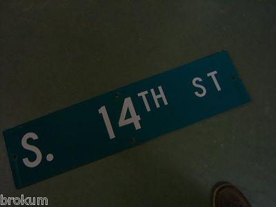 Vintage ORIGINAL S. 14TH ST STREET SIGN 36" X 9" WHITE ON GREEN ...
