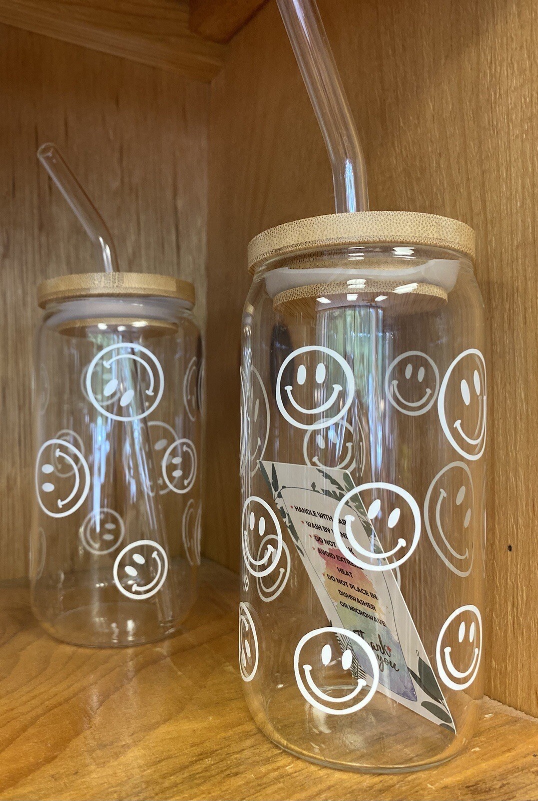 Custom Smiley Face 16 oz Glass Can Tumbler with Bamboo Lid and Straw ...