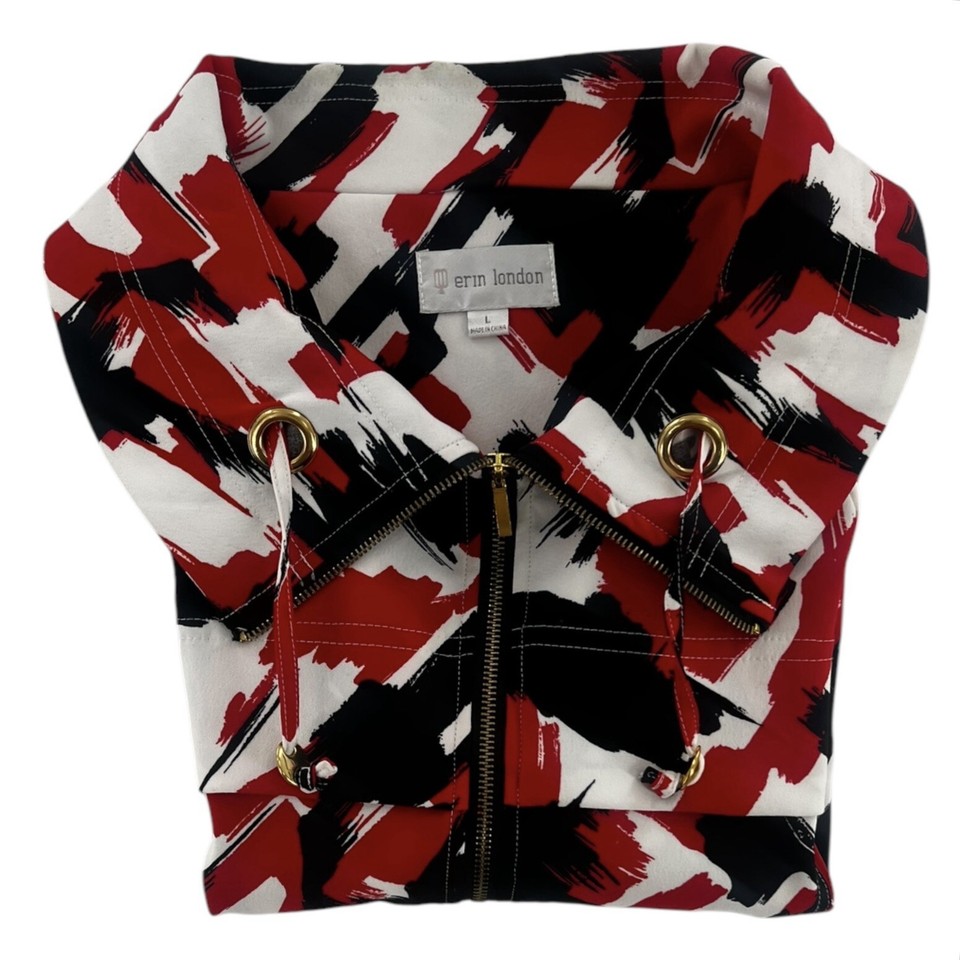 Erin London Womens Jacket Red Black White Wide Collar Zippered Full ...
