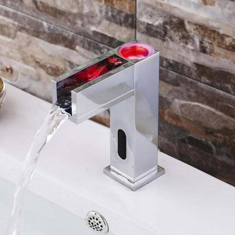 Bathroom LED Touchless Vanity Basin Mixer Sensor Faucet Waterfall Taps ...