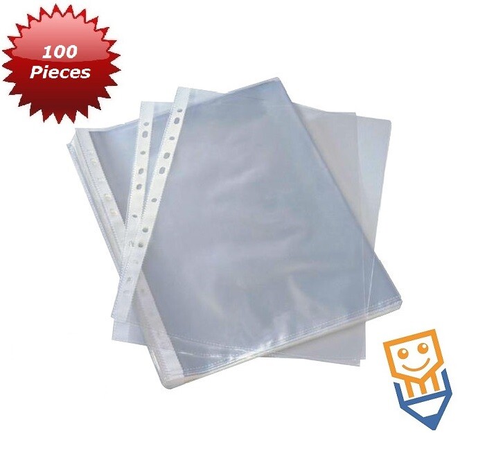 100 Punched Pockets A4 CLEAR PLASTIC Filing Wallets PROTECTIVE SLEEVES ...