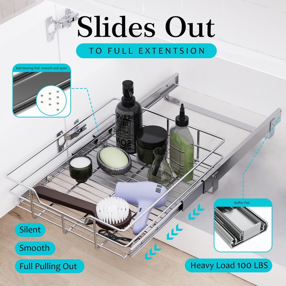 Pull Out Cabinet Organizer 17" W X 22" D, Slide Out Drawers For Kitchen ...
