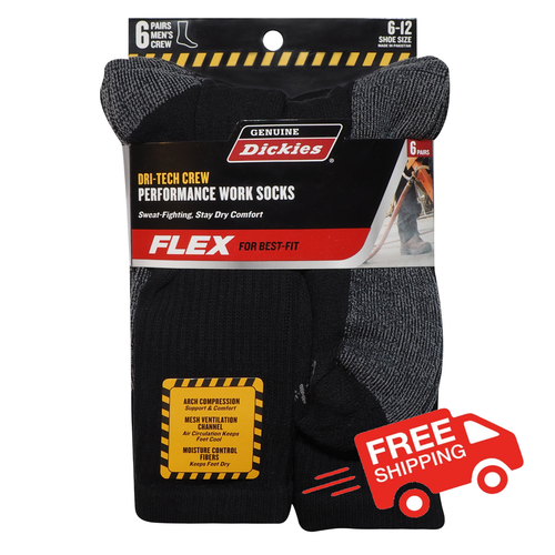 Dickies Men's Dri-Tech Crew Socks, 6-Pack Black Size 6-12 | eBay