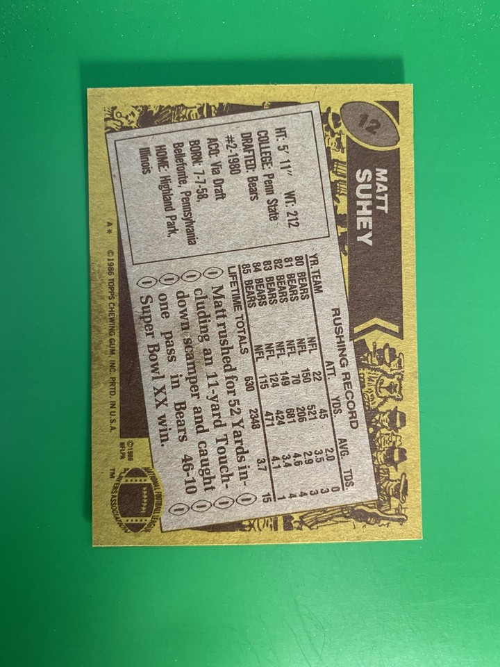 1986 Topps Matt Suhey #12 Chicago Bears | eBay