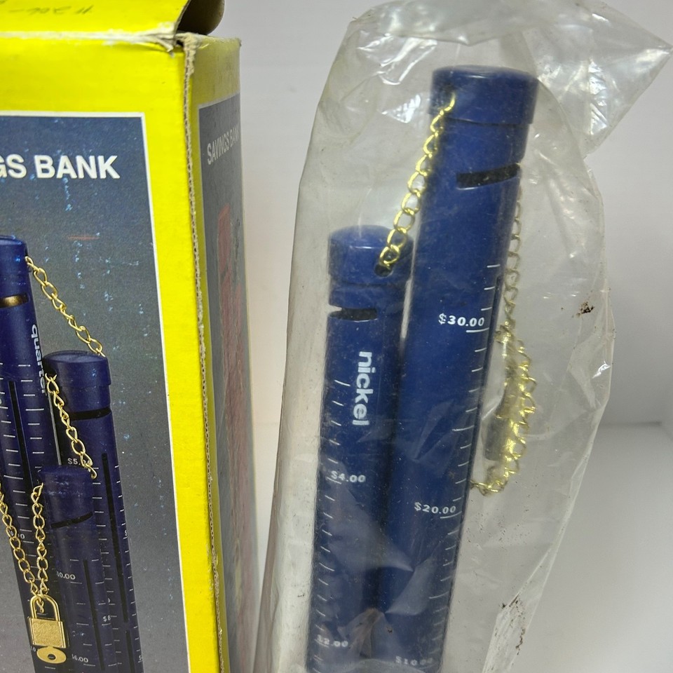 Blue 5c 10c 25c Tube Coin Savings Bank with Lock and Key Vintage in Box ...