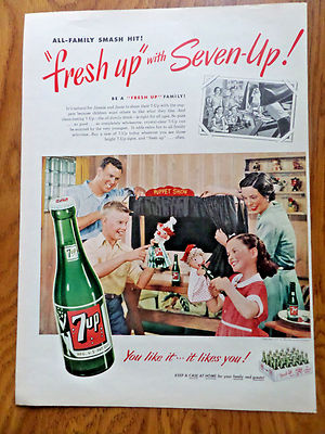 1951 7up Soda Bottle Pop Ad Family Puppet Show | eBay
