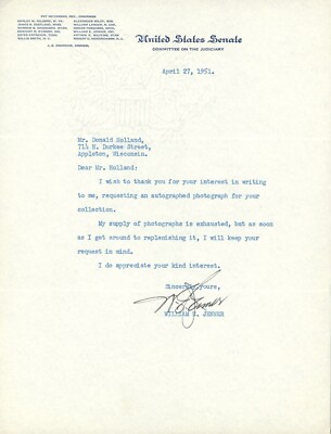 Senator William E. Jenner Signed Letter | eBay