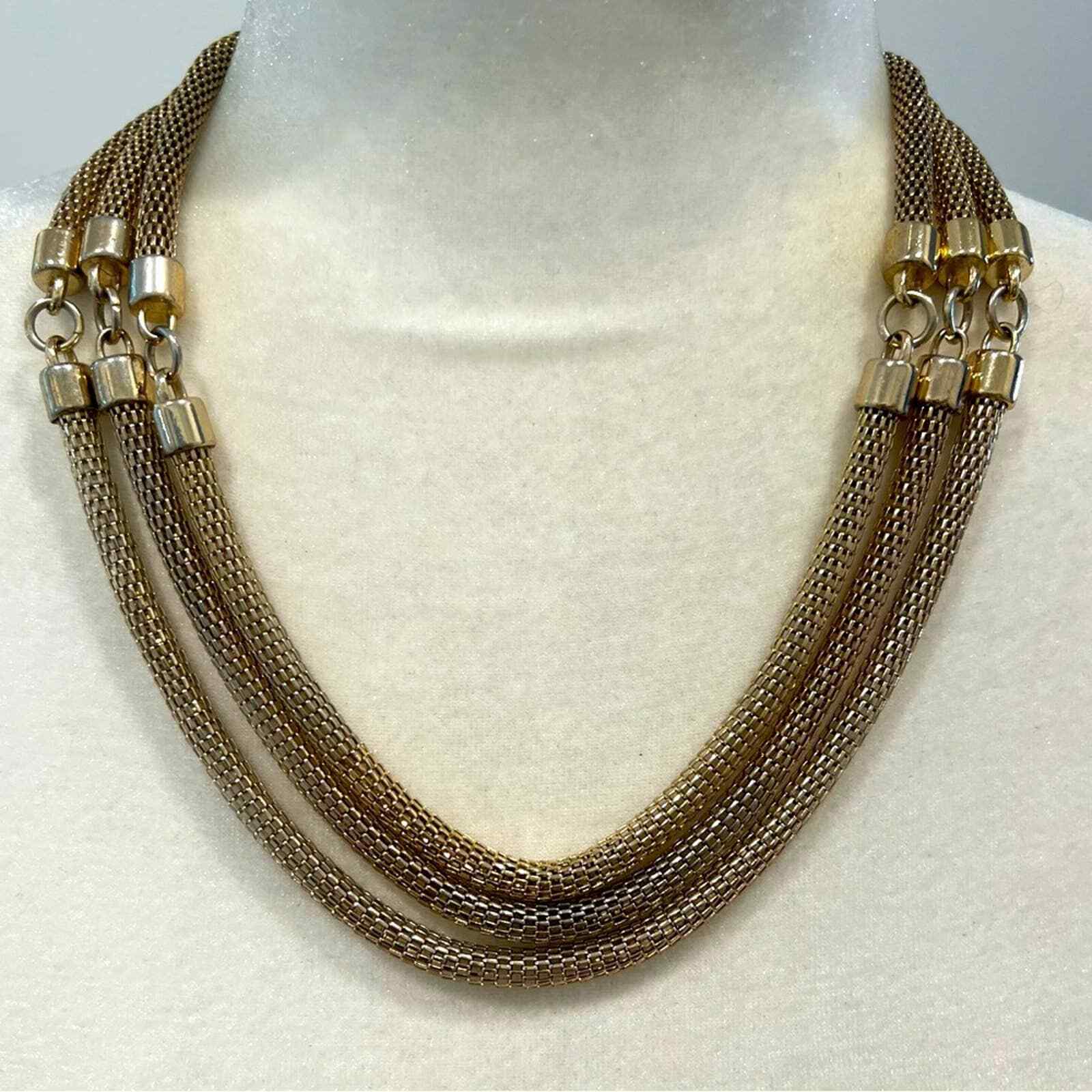 Vintage triple strand layered gold mesh chain necklace - Gem
