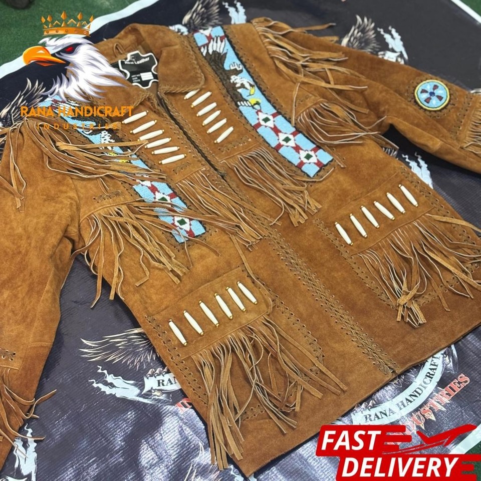 MEN COWBOY FRINGE BEAD EAGLE TAN SUEDE LEATHER NATIVE AMERICAN STYLE ...