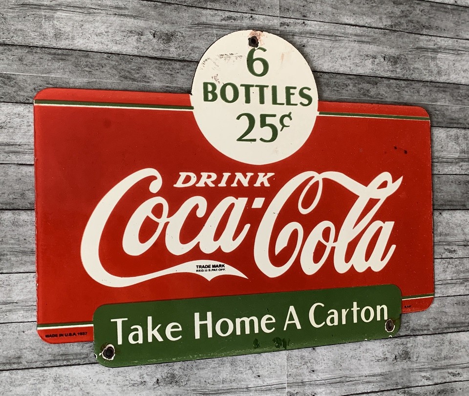 VINTAGE 12x9" Drink COCA-COLA 6 Bottles 25c SODA POP COKE PORCELAIN GAS ...