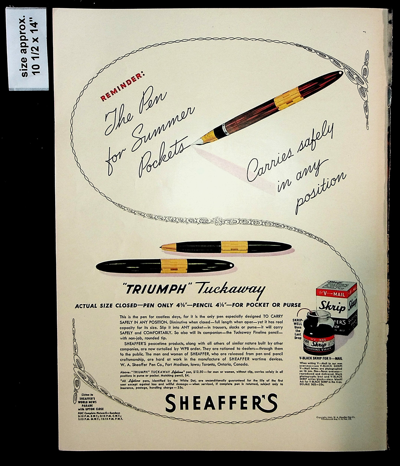 1943 Sheaffer's Triumph Tuckaway Pen Pencil Ink Black Vintage Print Ad ...