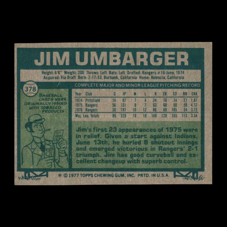 Jim Umbarger 1977 Topps Texas Rangers #378 Set Break NICE! | eBay