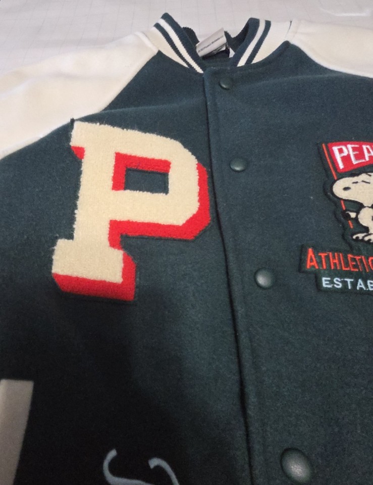 ZARA PEANUTS Jacket Men Medium Snoopy Varsity Bomber Green Patch ...