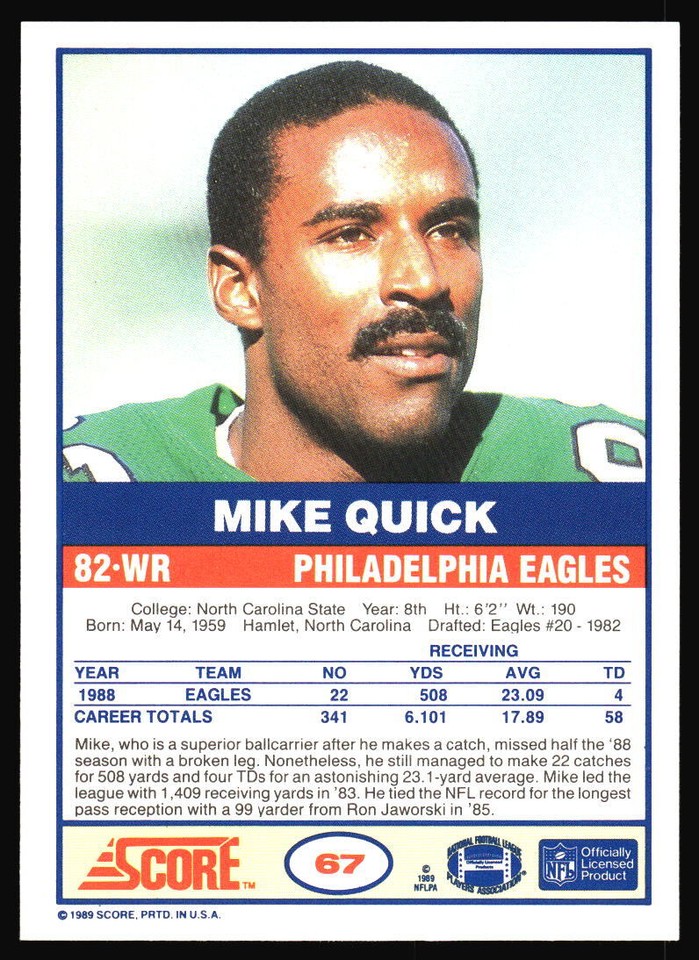 1989 Score Mike Quick #67 Philadelphia Eagles | eBay