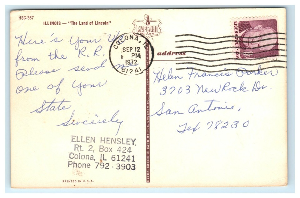 POSTCARD Illinois Map Card Land of Lincoln Major Highways Cities Yellow ...