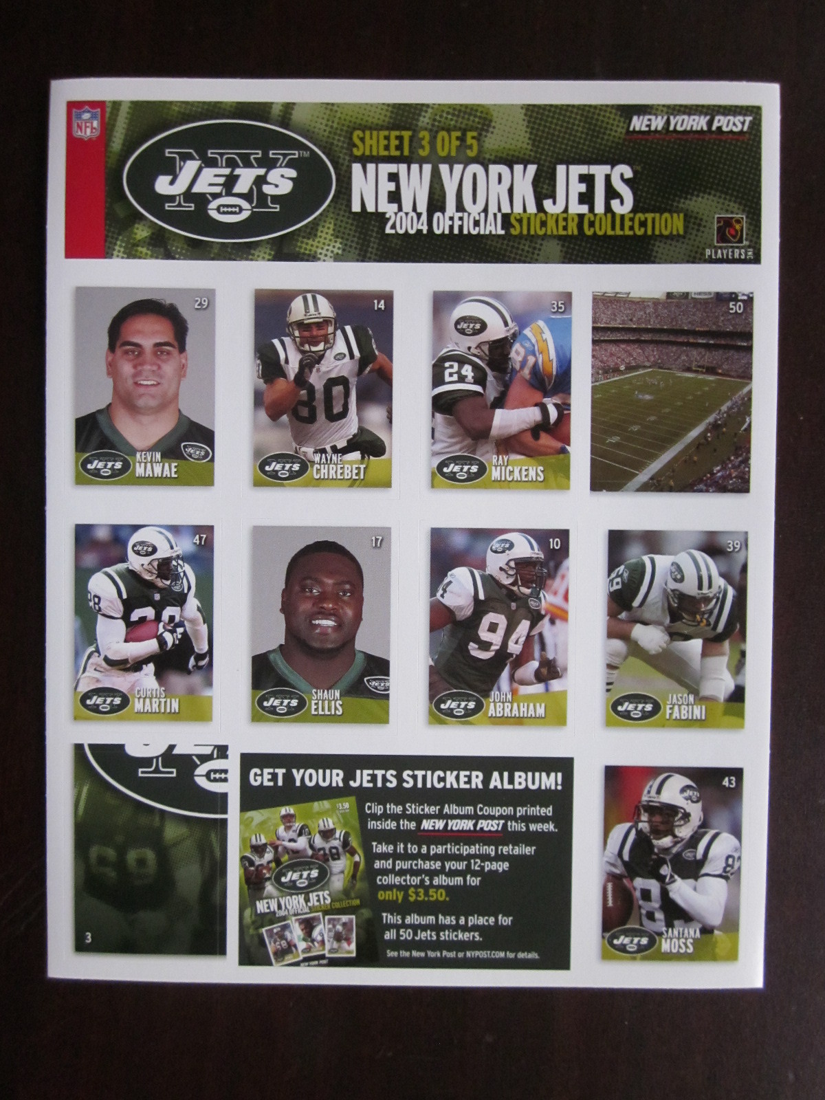 NY Jets 2004 Offical Sticker Collection NY Post 5 Sheets 50 Stickers ...