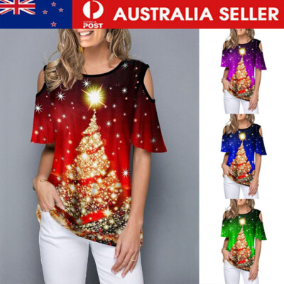 Women's Christmas Tree Print T-shirt Women Plus Size Party Round Neck T ...
