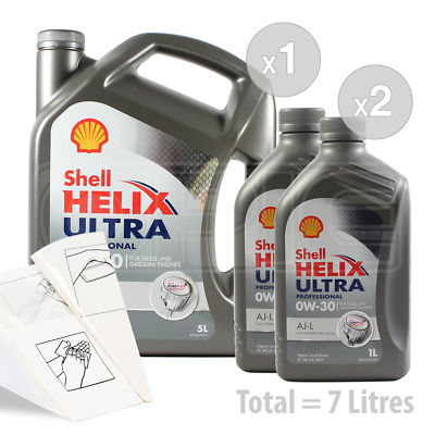 Car Engine Oil Service Kit / Pack 7 LITRES Shell Helix Ultra AJ-L 0W-30 ...