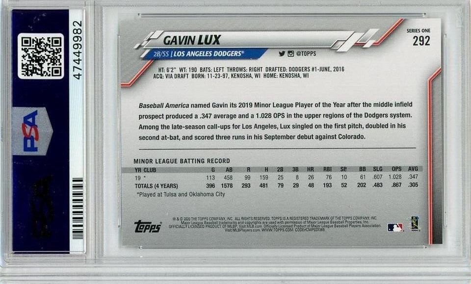 2020 TOPPS GAVIN LUX RC #292 PSA 10 GEM MINT DODGERS | eBay