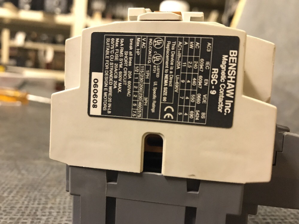 (1) BENSHAW RSC-9 SIZE 00 MAGNETIC CONTACTOR RSC-9 20 AMP 600V 120 VAC ...