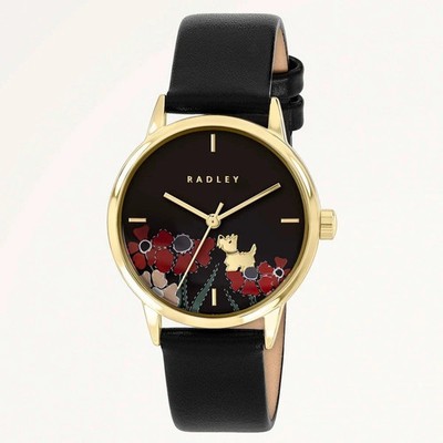 NEW LADIES RADLEY WATCH ROUND BLACK & FLORAL DIAL BLACK LEATHER STRAP ...