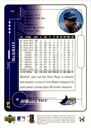 1999 Upper Deck MVP Fred McGriff Tampa Bay Devil Rays #200 | eBay