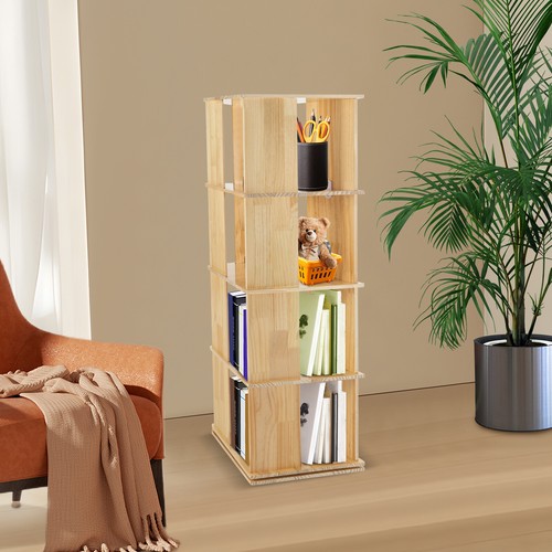 4 Tiers Wood Color Rotating Bookshelf 360° Revolving Bookcase Display ...