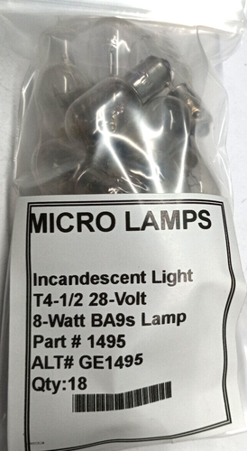 MICRO LAMPS P/N 1495 T4-1/2 28-Volt / 8-Watt BA9s Lamp, Incandescent 18/Pack | eBay