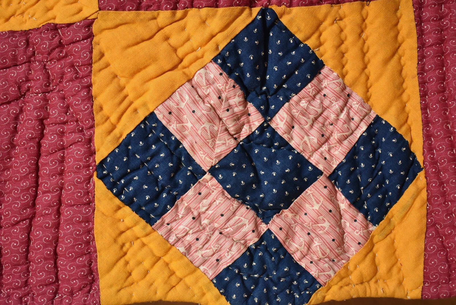 Vintage 1890's Nine Patch on Point Antique Quilt, Burgundy & Cheddar Ground! | eBay