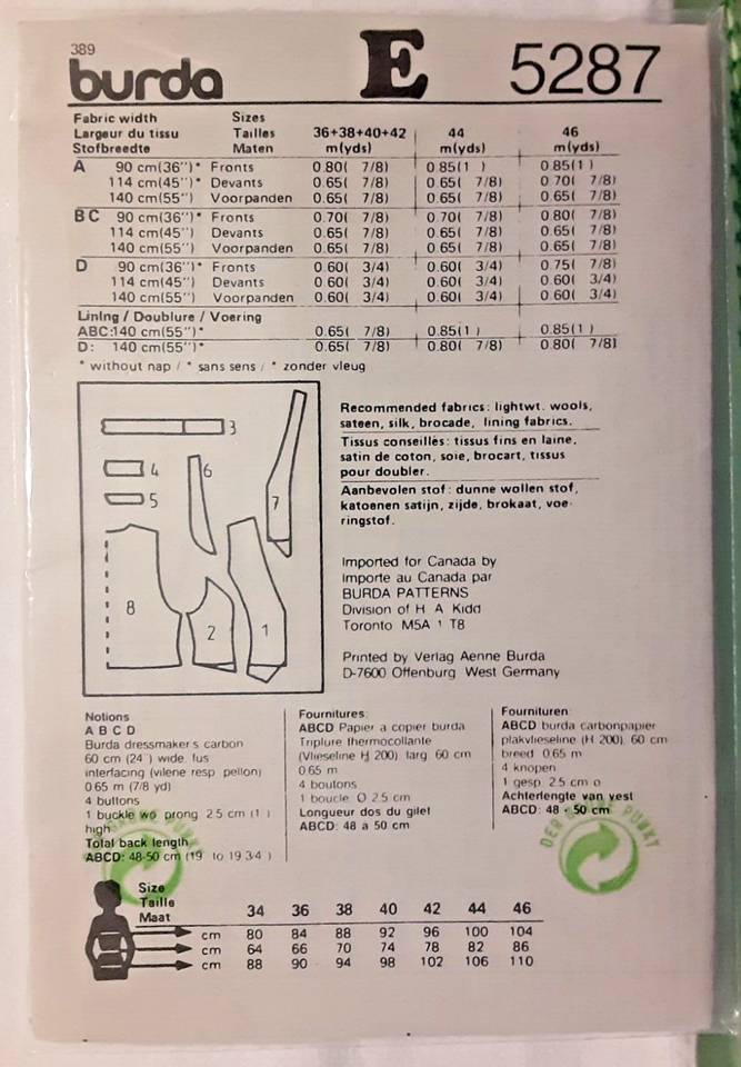 Burda Pattern 5287 Misses' Vest Waistcoat Sewing Craft Project (H) | eBay