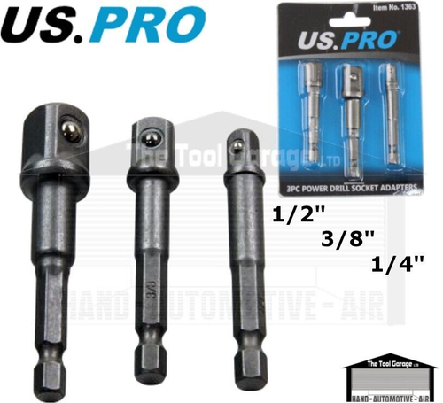 US PRO Tools 3pc Power Cordless Drill Socket Sockets Adapters, 1/2 3/8 ...