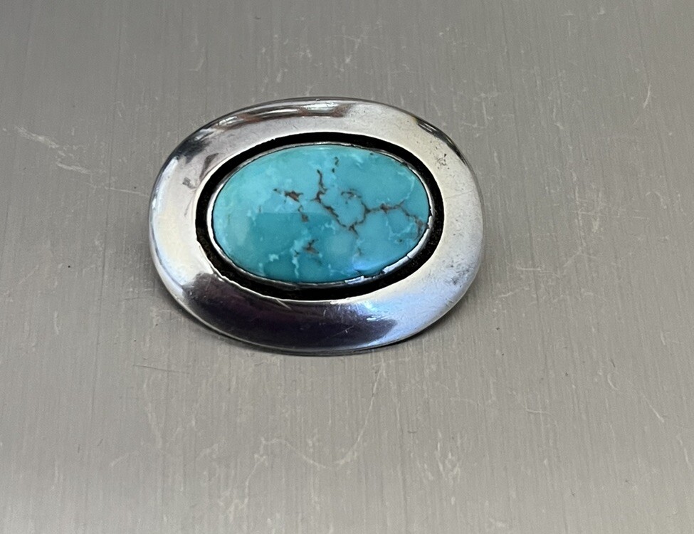 CR Signed Sterling Silver Turquoise Color Pin Brooch - Gem