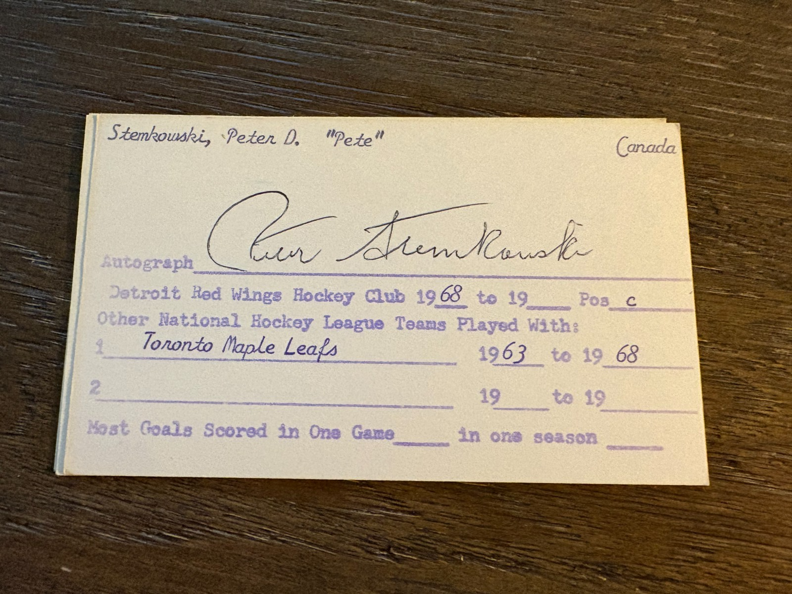 Pete Stemkowski Toronto Maple Leafs signed autograph Hockey 3x5 index ...