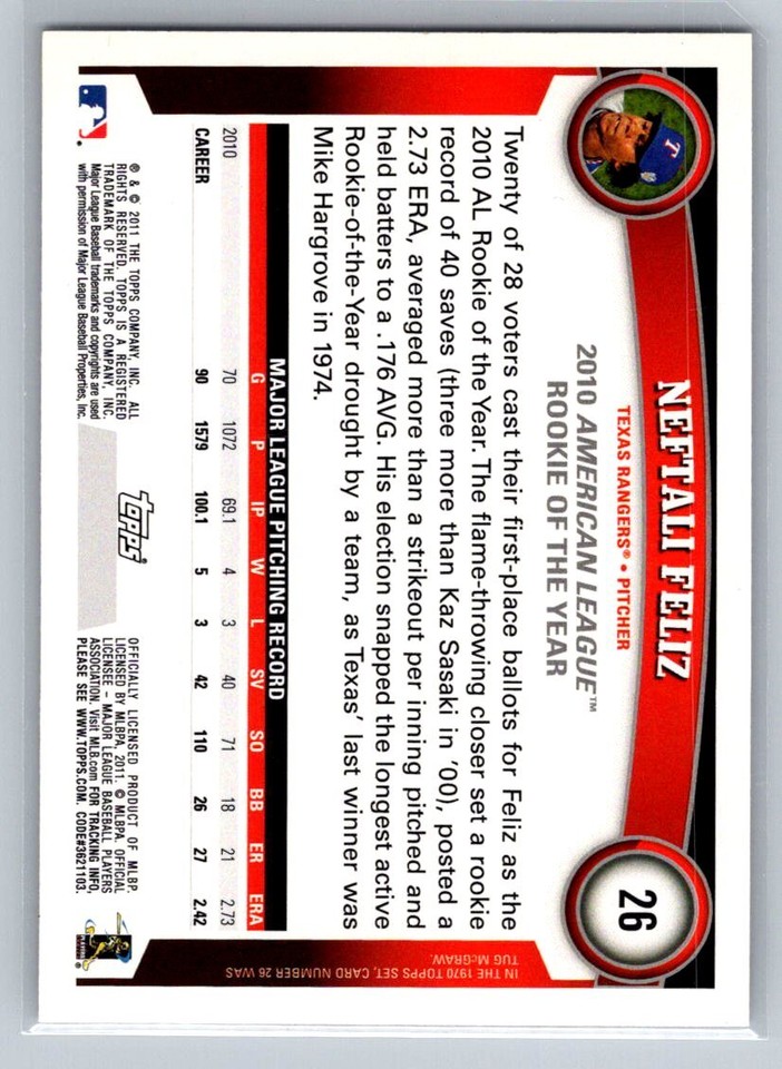 💎2011 Topps Baseball #26 Neftali Feliz - Texas Rangers💎 | eBay