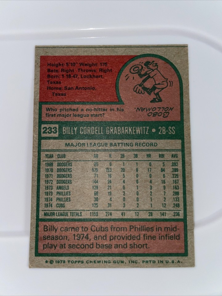 1975 TOPPS MINI #233 Billy Grabarkewitz CHICAGO CUBS | eBay