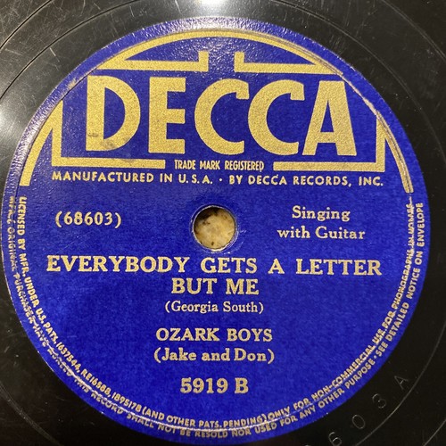 OZARK BOYS Watts - Sullivan 78 DECCA 1351 EVERYBODY GETS A LETTER BUT ...
