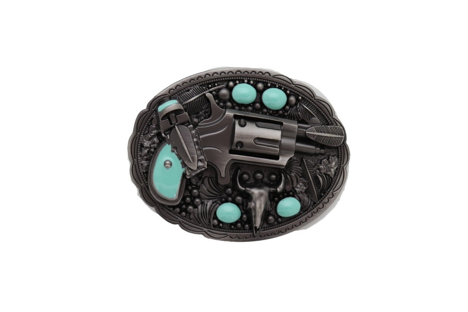 Men Western Belt Buckle Silver Metal Pistol Gun Feather Bull Turquoise ...