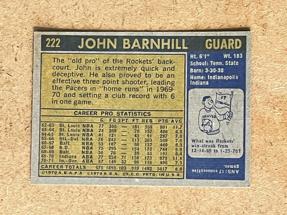 1971-72 Topps ABA John Barnhill #222 EX-MT | eBay