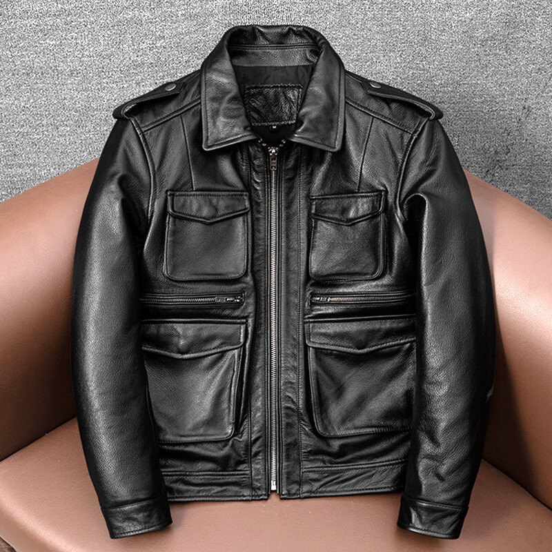 Retro Hunting Workwear Cowhide Leather Jacket Men's Old Lapel Leather ...