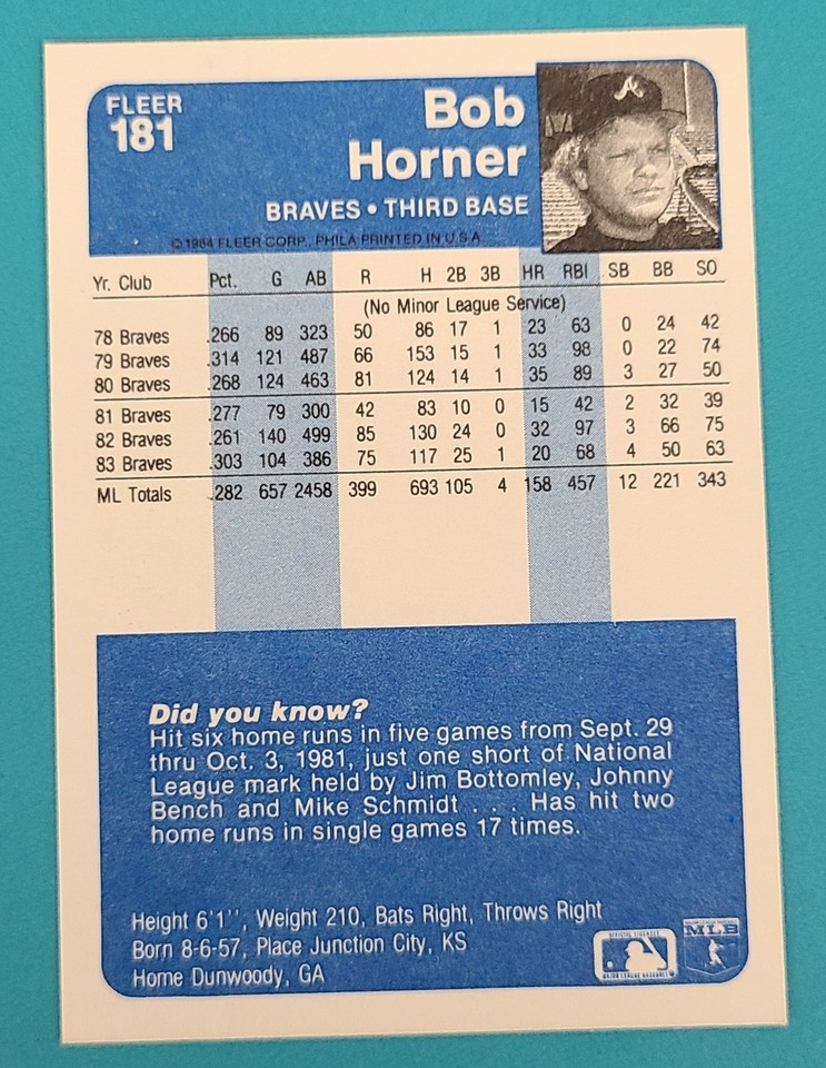 1984 Fleer #181 Bob Horner Atlanta Braves Baseball Card B3 | eBay