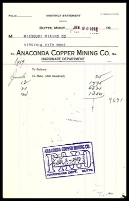 Butte MT Anaconda Copper Mining Co Hardware Dept Receipt 1919 e3-20 | eBay