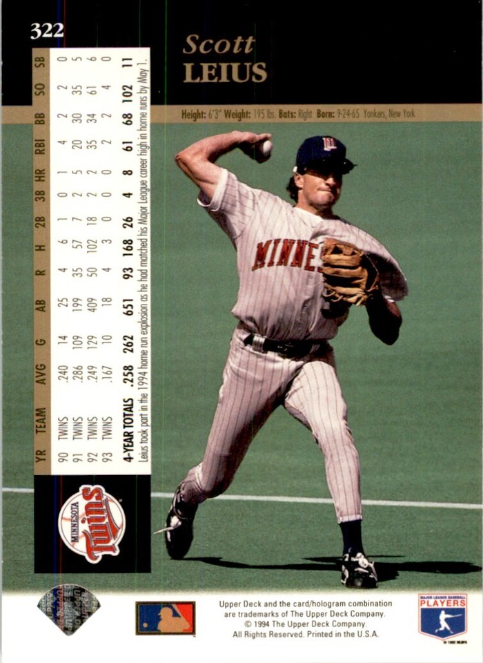 1994 UPPER DECK SCOTT LEIUS MINNESOTA TWINS #322 | eBay
