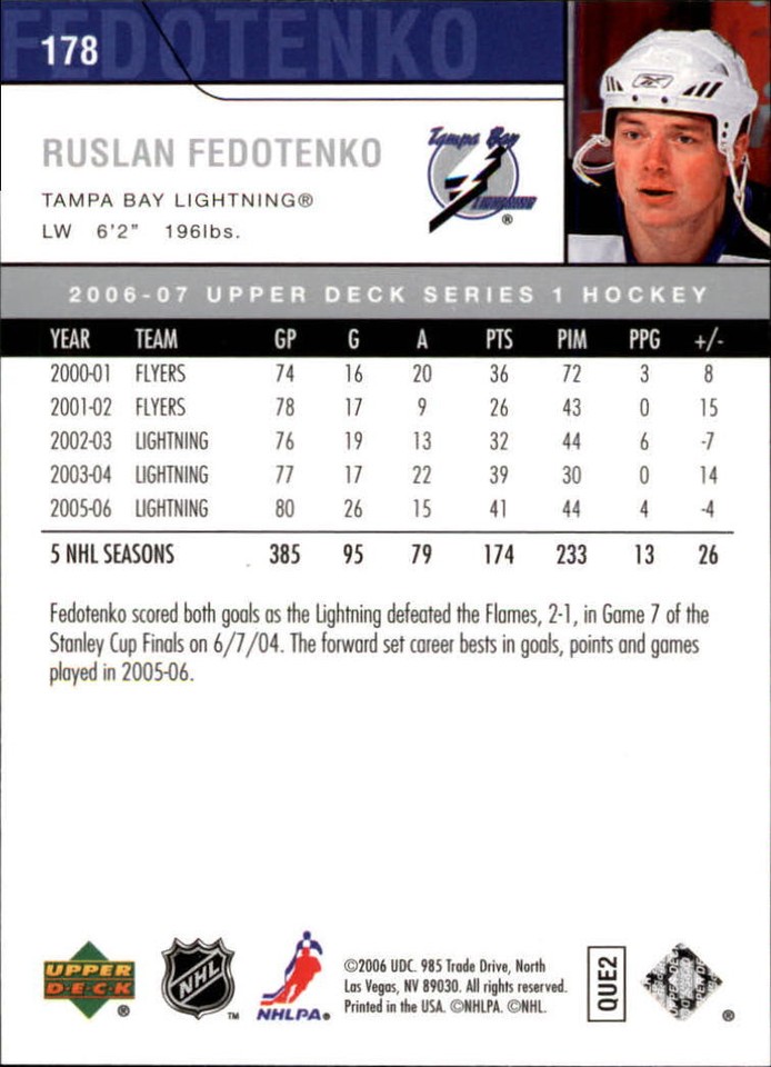2006-07 Upper Deck Lightning Hockey Card #178 Ruslan Fedotenko | eBay
